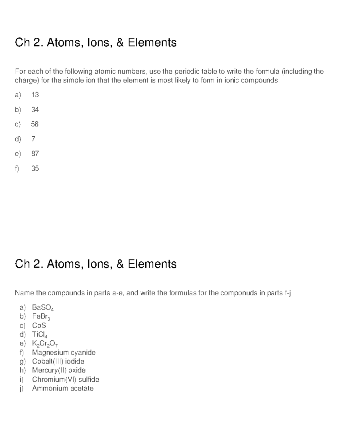Exam 1 Review Problems (Friday) - final - updated - Ch 2. Atoms, Ions ...