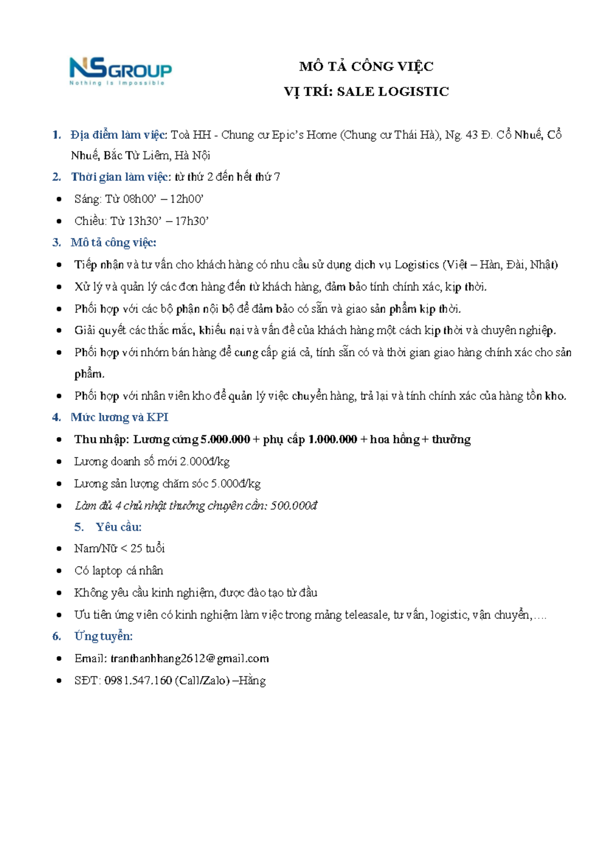 JD SALE Logistic NIS Group - MÔ TẢ CÔNG VIỆC VỊ TRÍ: SALE LOGISTIC Địa ...