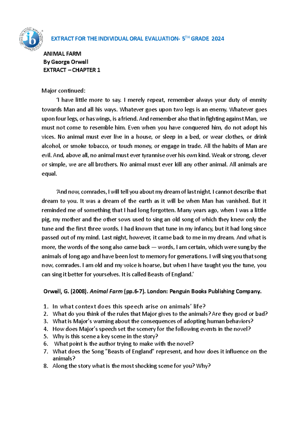Official Extracts 2024- Animal FARM - Short Stories & Sample Questions ...
