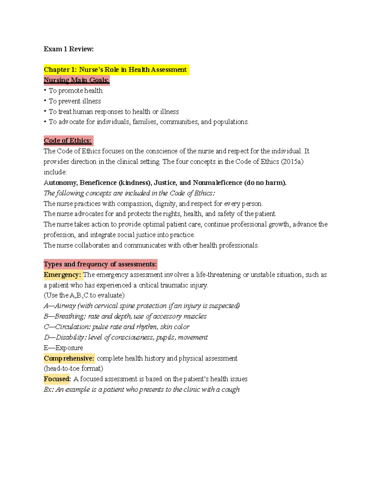 Exam 1 Review Printed - exam 1 - Exam 1 Review: Chapter 1: Nurse’s Role in Health Assessment ...