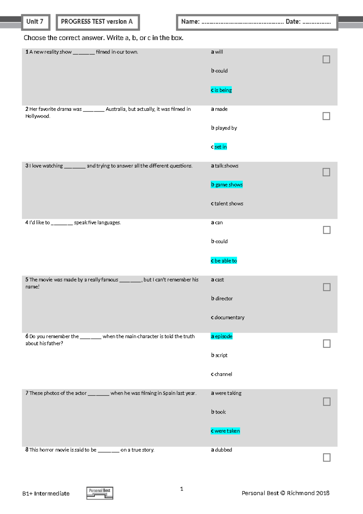 PB Am E B1 Unit Test U7 Version A - Choose the correct answer. Write a ...