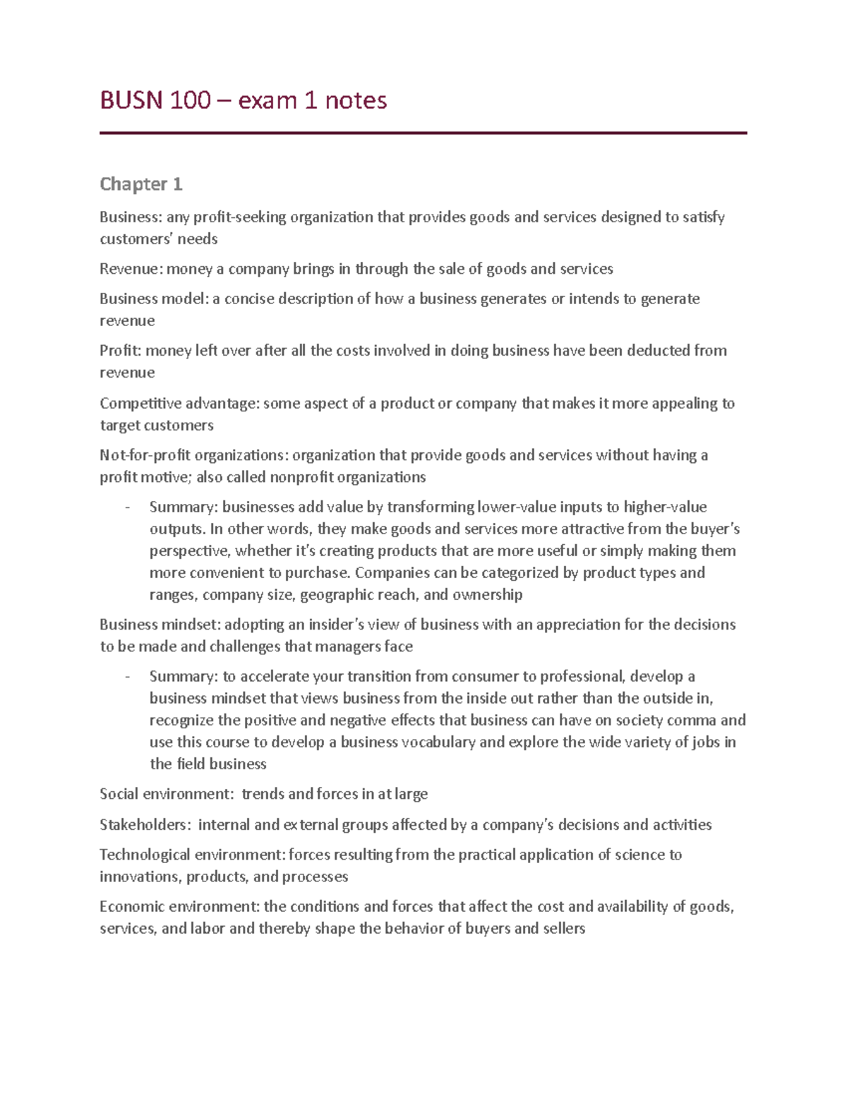 BUSN 100 exam 1 notes chapter 1-5 - BUSN 100 – exam 1 notes Chapter 1 ...