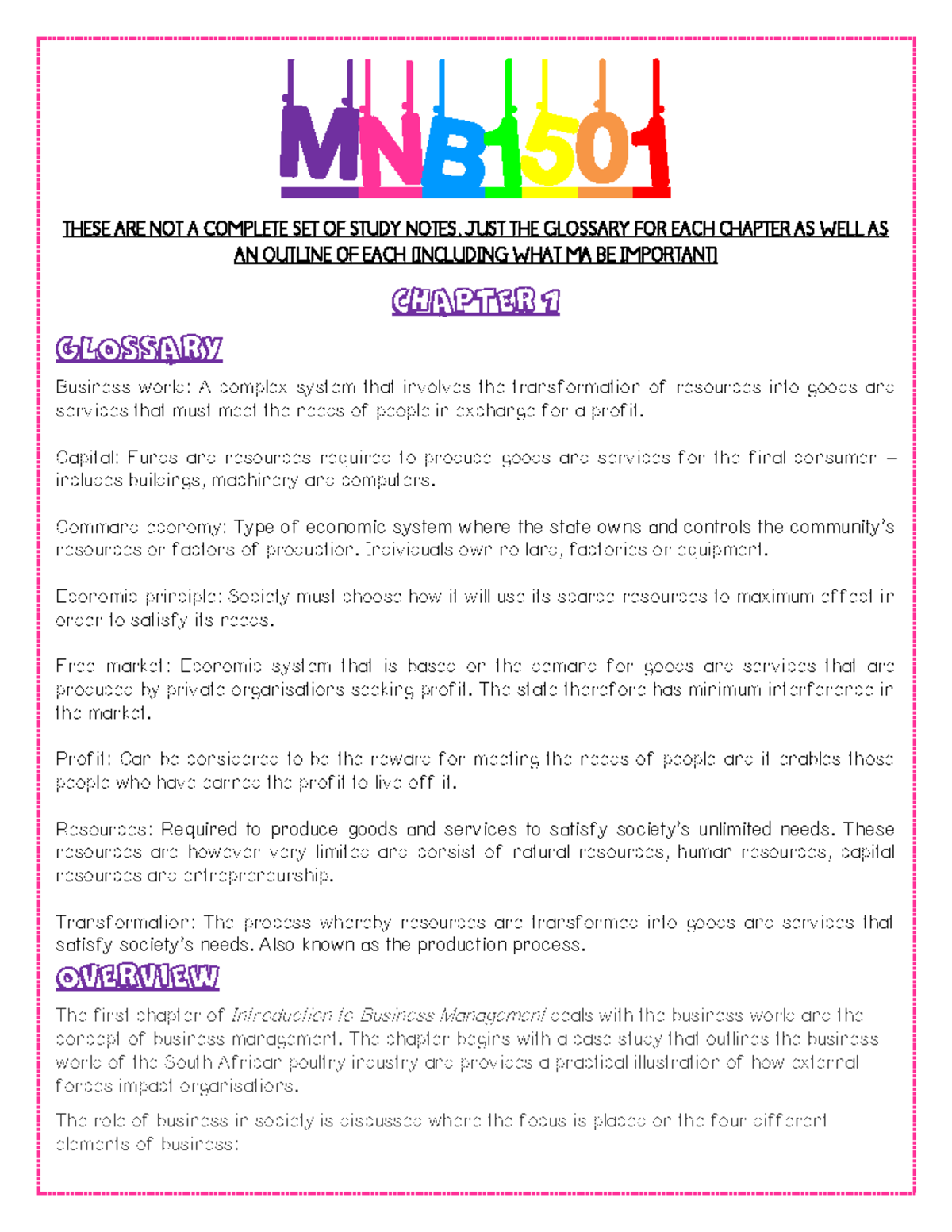 MNB1501 Glossaries AND Outlines 2020 - MNB 1501 THESE ARE NOT A ...