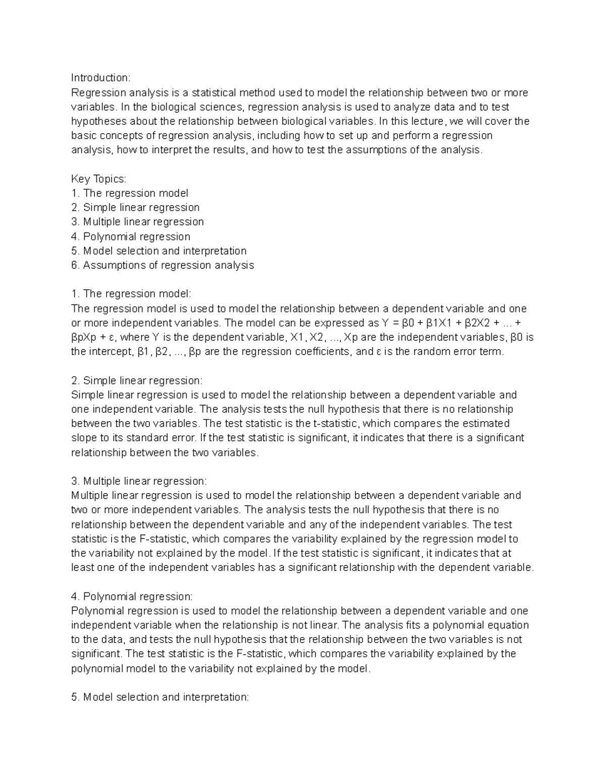 Lecture #6 Regression Analysis in the Biological Sciences - Introduction: Regression analysis is ...