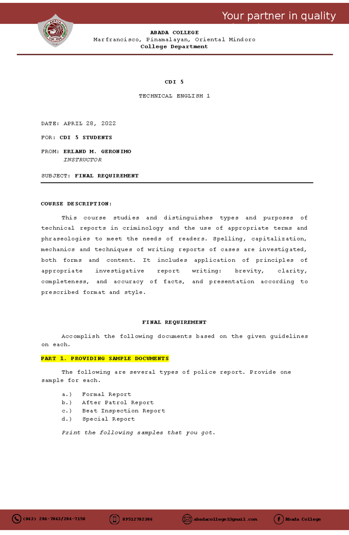 CDI 5 - Final Requirement - Your partner in quality education (043) 284 ...