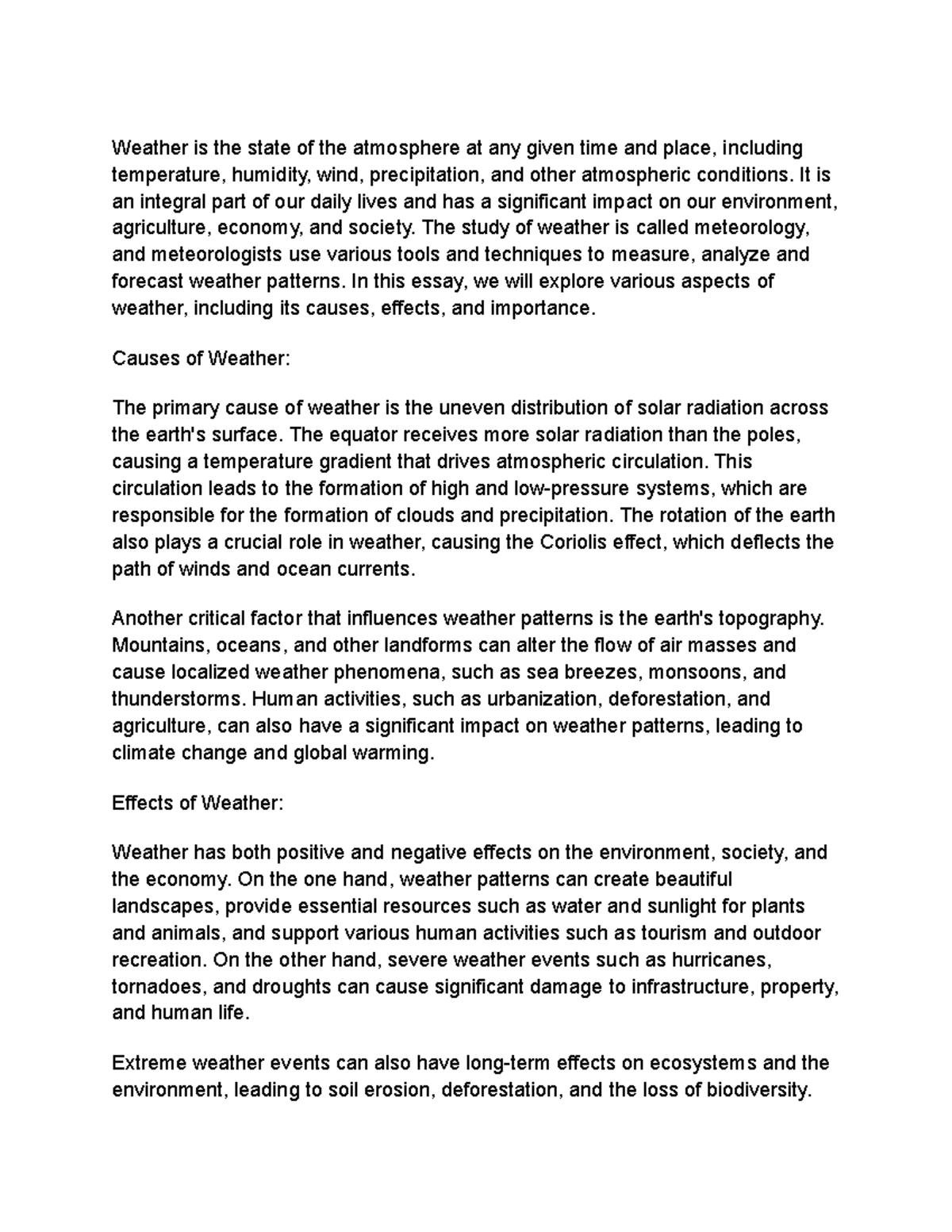 The Causes Effects and Importance of Weather - Studocu