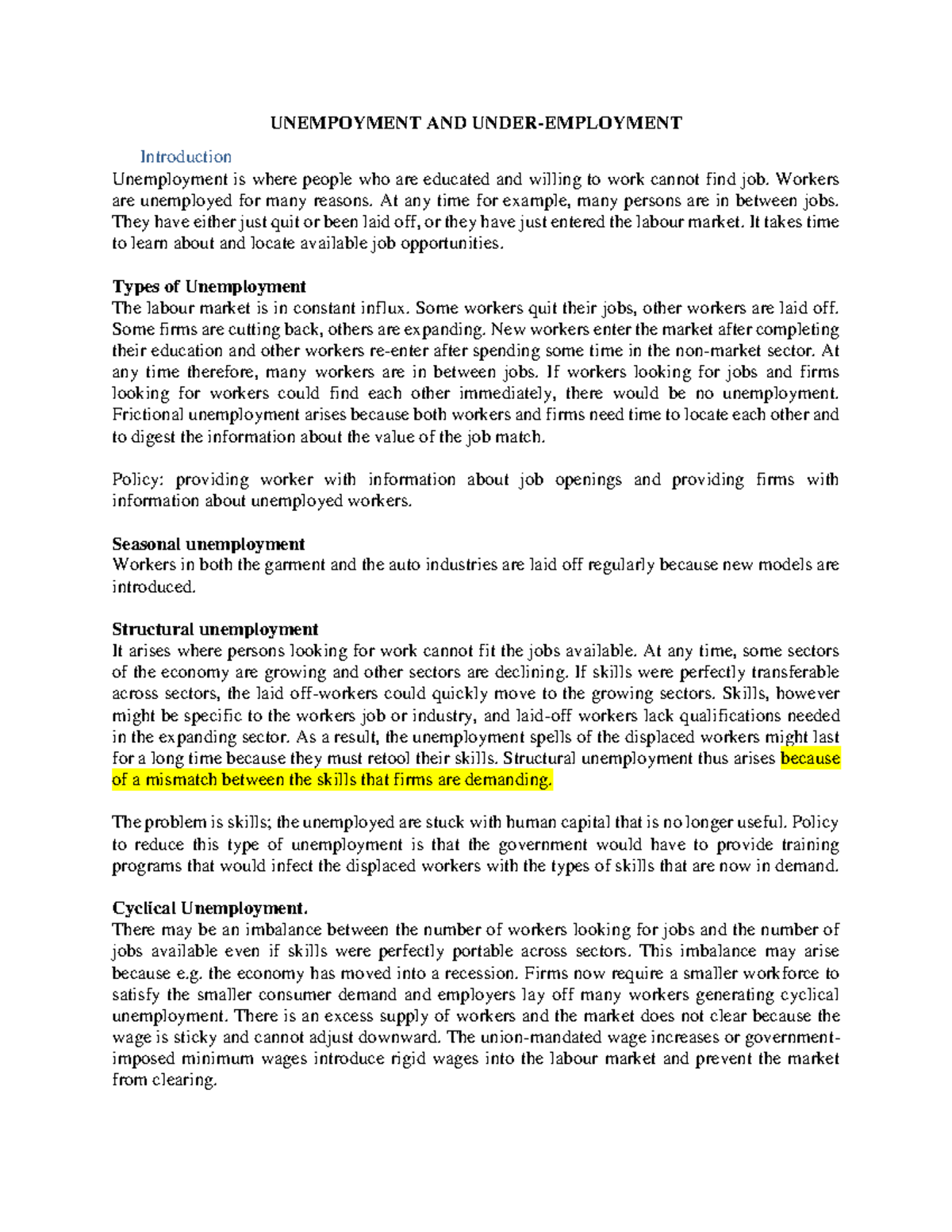 Unempoyment AND Under - Good - UNEMPOYMENT AND UNDER-EMPLOYMENT ...