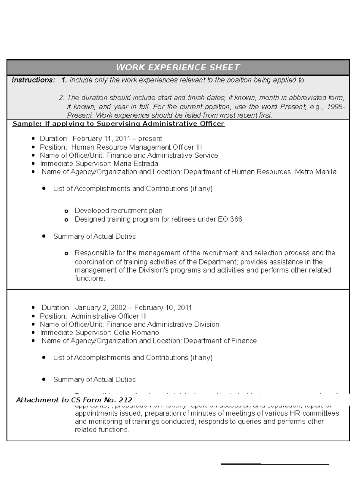 CS Form No. 212 Attachment - Work Experience Sheet - WORK EXPERIENCE SHEET Instructions: 1 ...