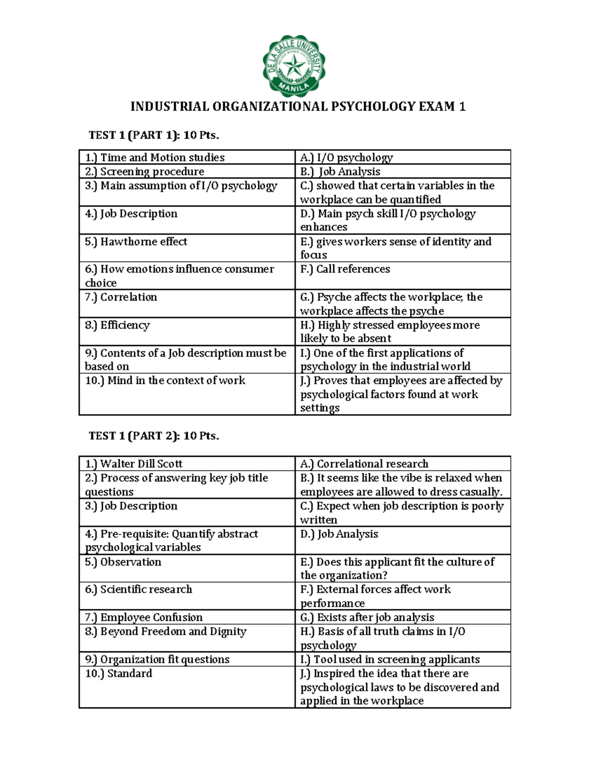 IO EXAM ONE++++ - INDUSTRIAL ORGANIZATIONAL PSYCHOLOGY EXAM 1 TEST 1 ...