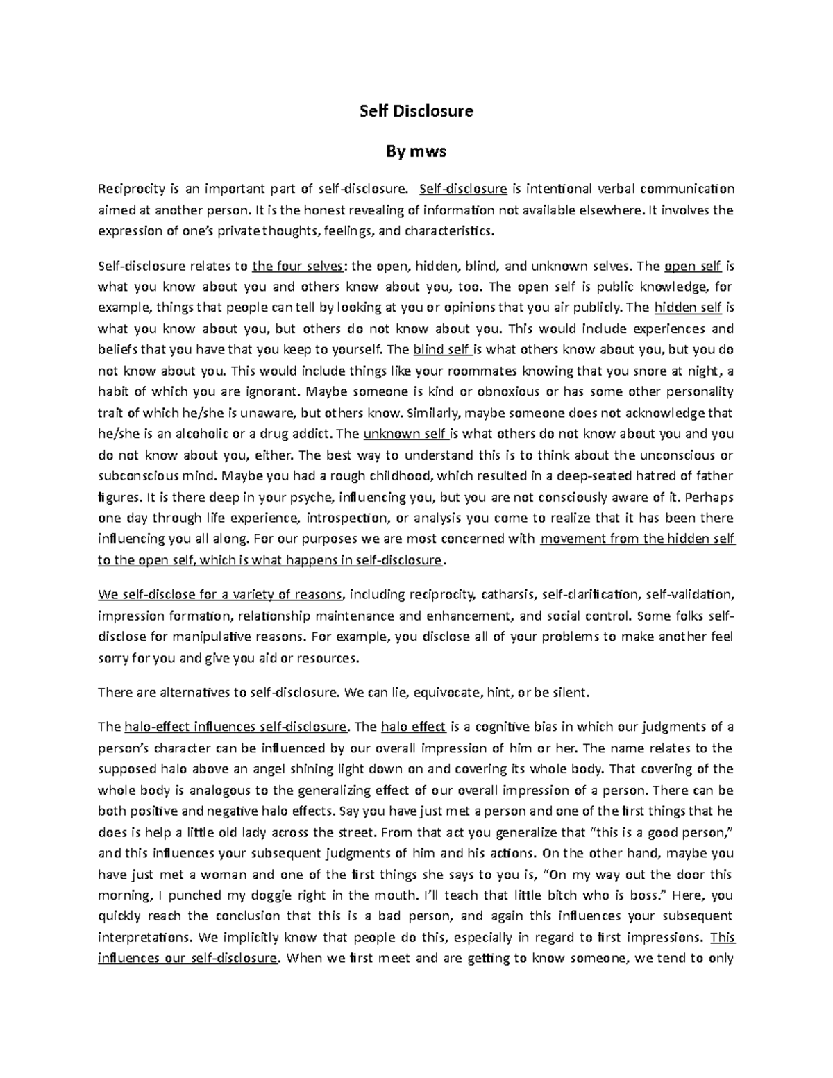 Self Disclosure - Readings - Self Disclosure By mws Reciprocity is an ...