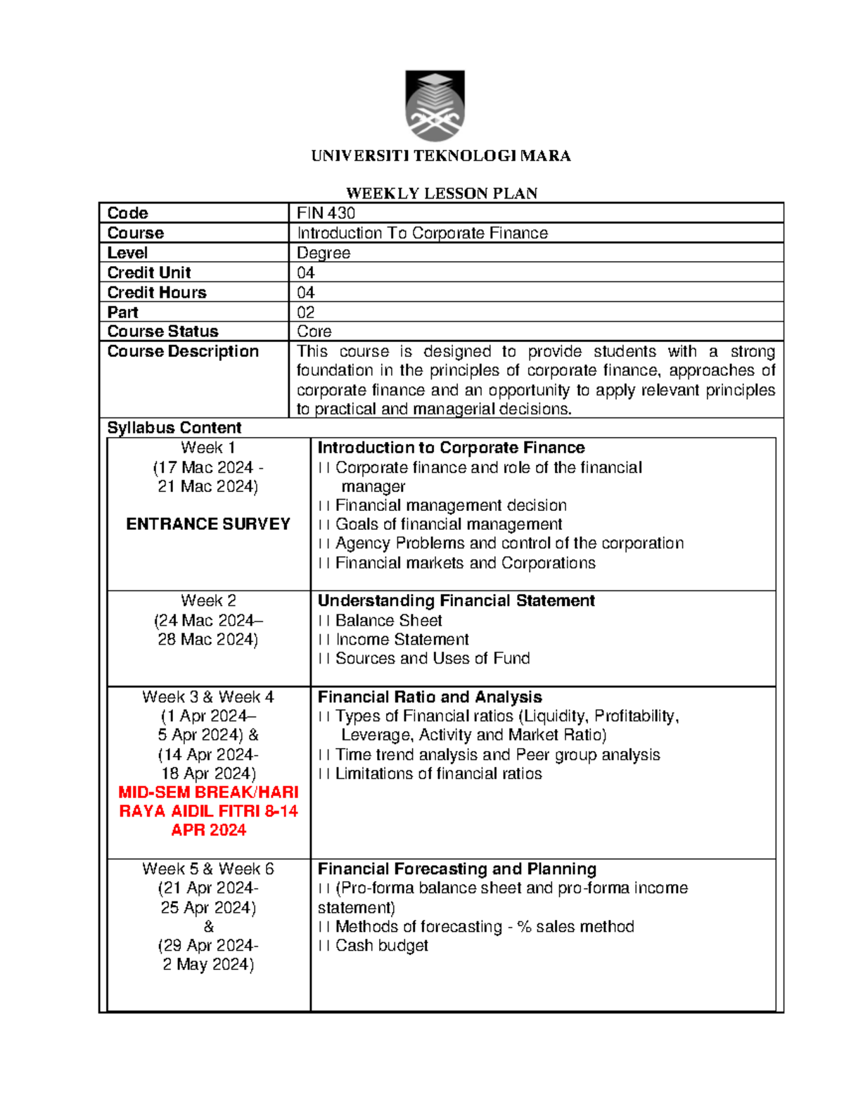 FIN 430 Lesson Plan MAR AUG2024 - UNIVERSITI TEKNOLOGI MARA WEEKLY ...
