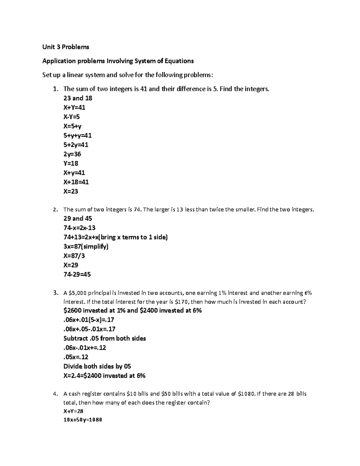 Biel MA109 Unit3 - Unsure - Unit 3 Problems Application problems Involving System of Equations ...