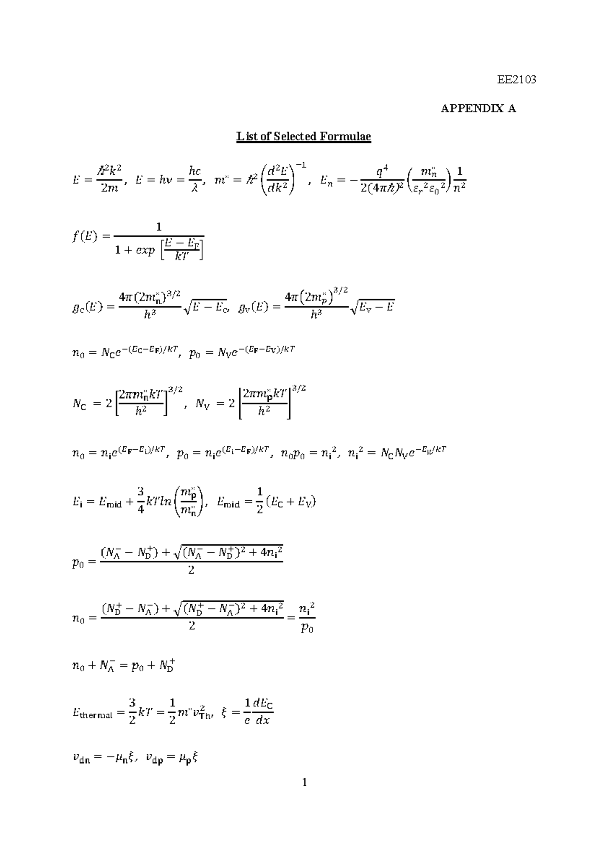 EE2103 - Formula list - APPENDIX A List of Selected Formulae 𝐸 = ℏ! 𝑘 ...