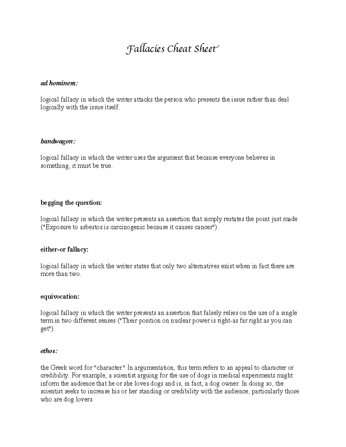 microbiology worksheet study unit 1 syphilis - Fallacies Cheat Sheet ad hominem: logical fallacy ...