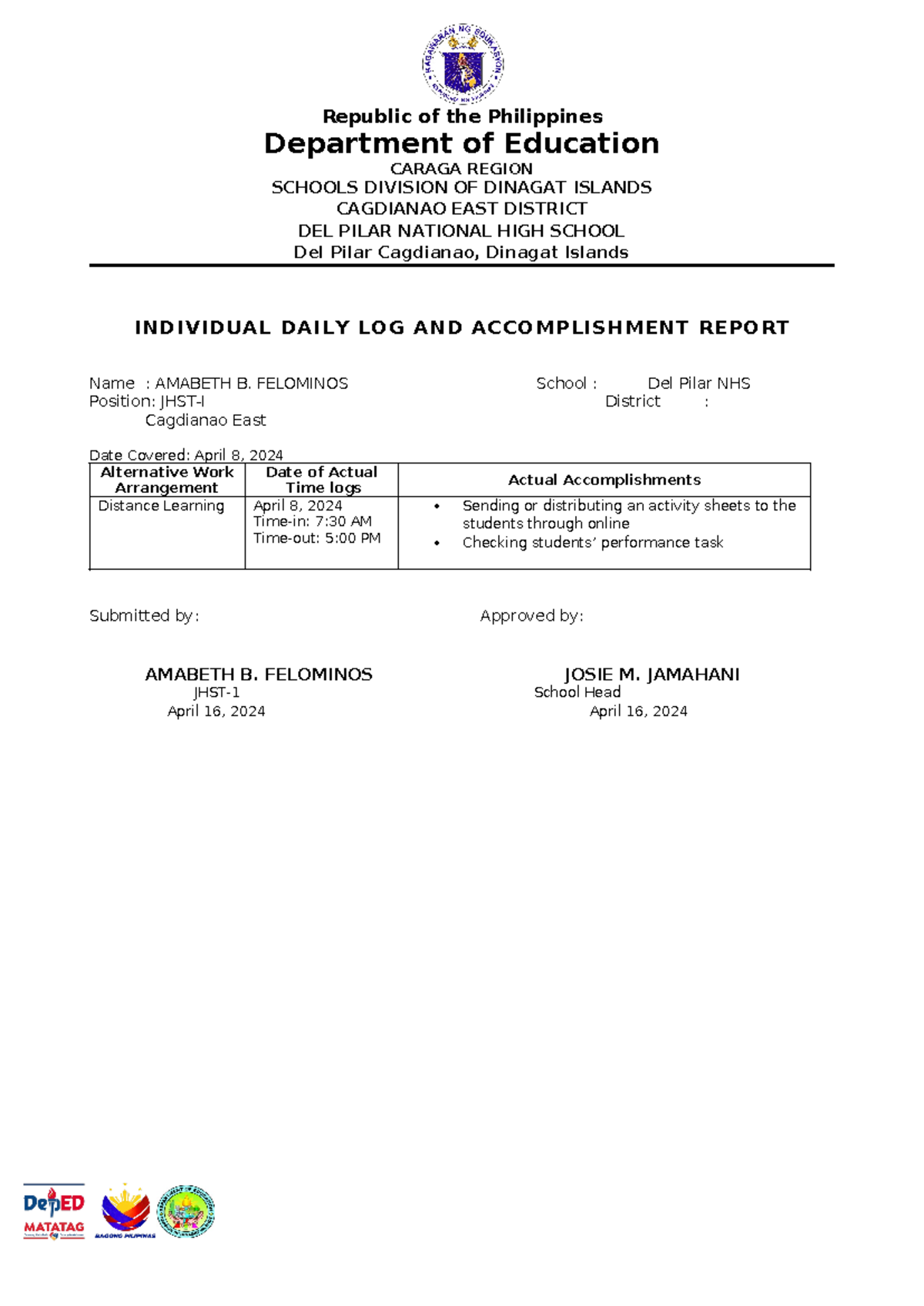 Accomplishment report 1 - Republic of the Philippines Department of ...