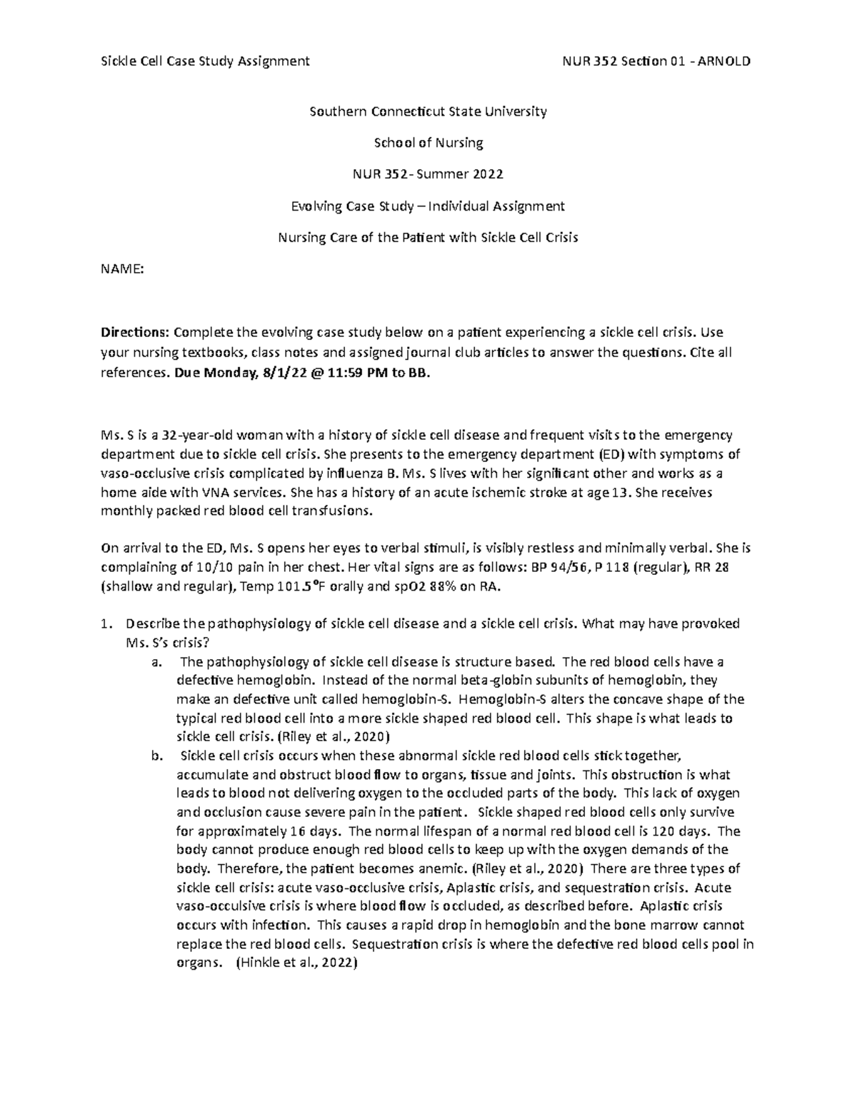 NUR 352- Sickle Cell Case Study Assignment- Summer 2022 - Southern ...