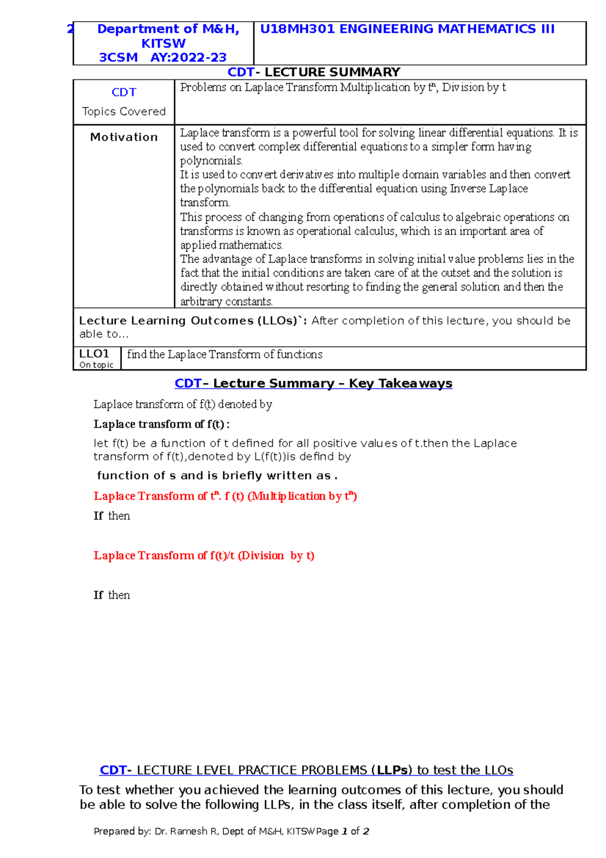 CDT3-Multiplication and Division by t - 2 Department of M&H, KITSW 3CSM ...