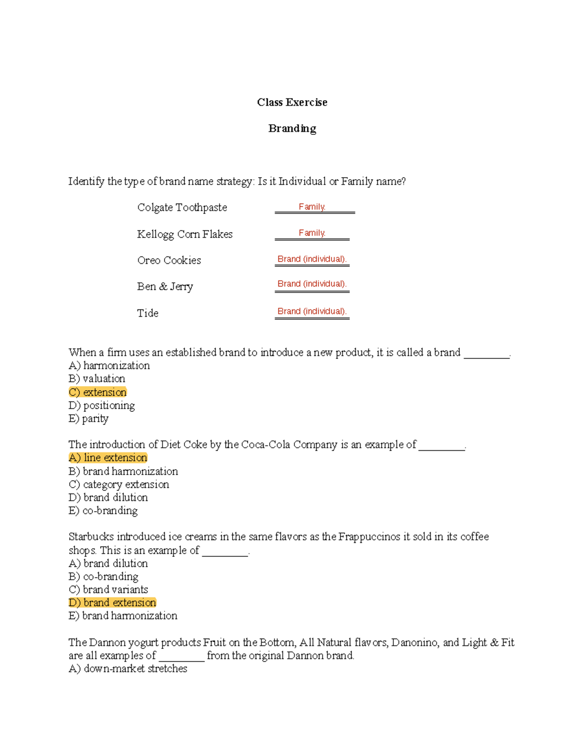 Branding Exercise - Class Exercise Branding Identify the type of brand ...