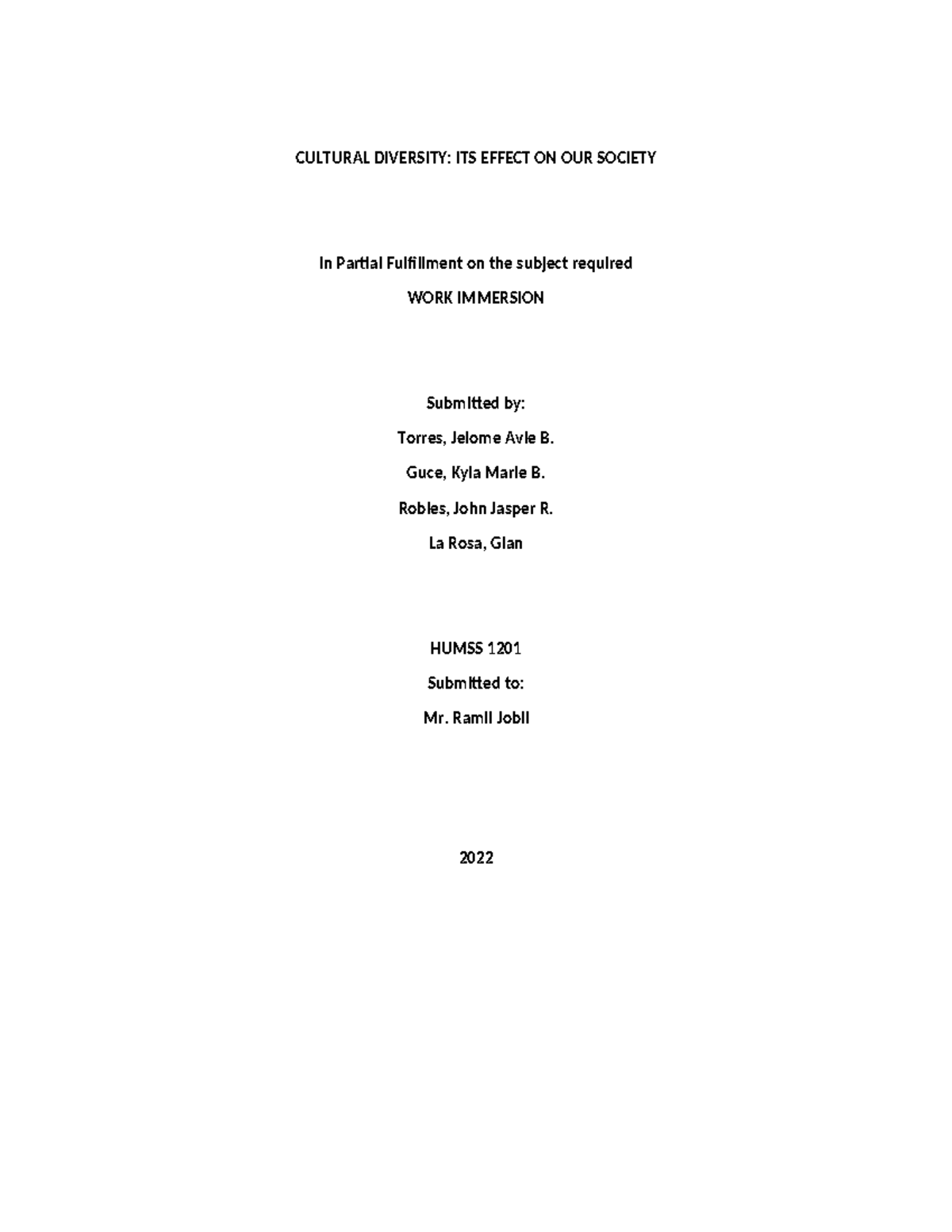 Cultural Diversity - EXAMPLE ESSAY - Research In English 1 - CULTURAL ...