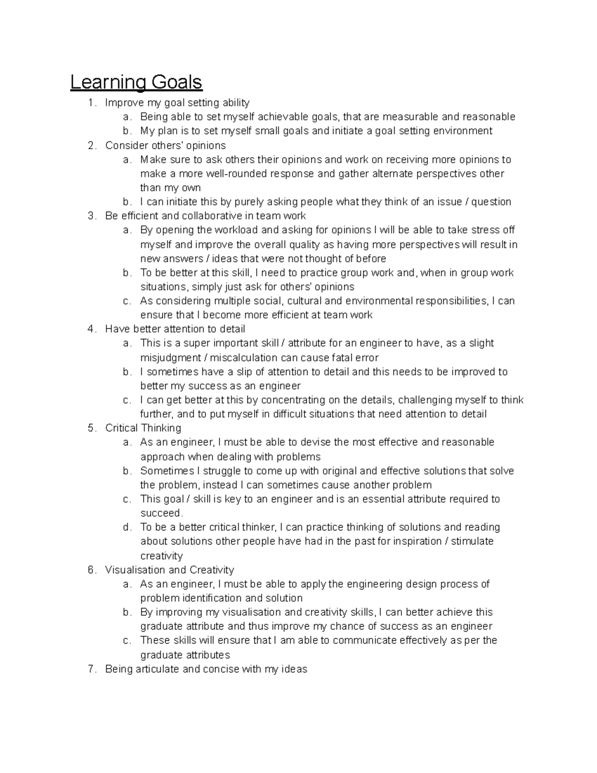 Learning Goals Assessment 1 - Learning Goals Improve my goal setting ...