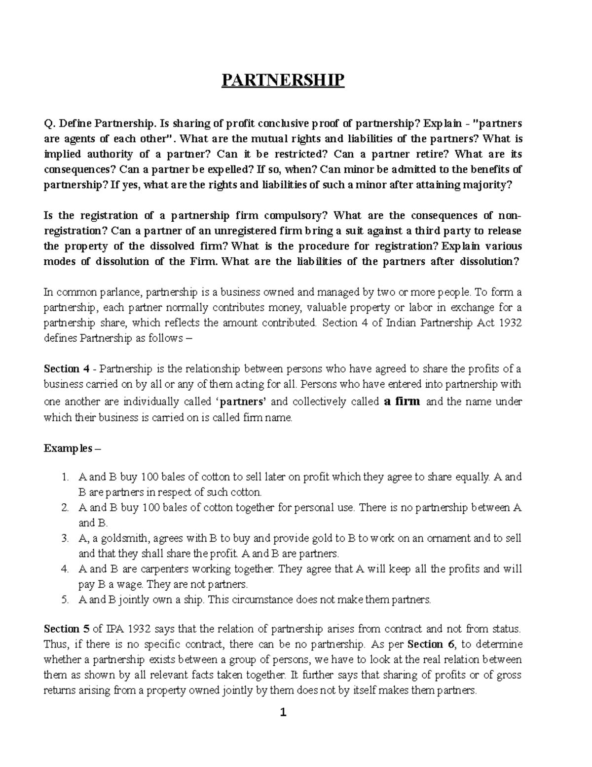 Partnership Notes - PARTNERSHIP Q. Define Partnership. Is sharing of ...