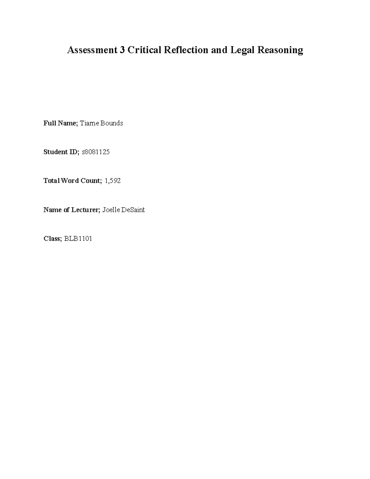 Assessment 3 Critical Reflection and Legal Reasoning - Assessment 3 ...