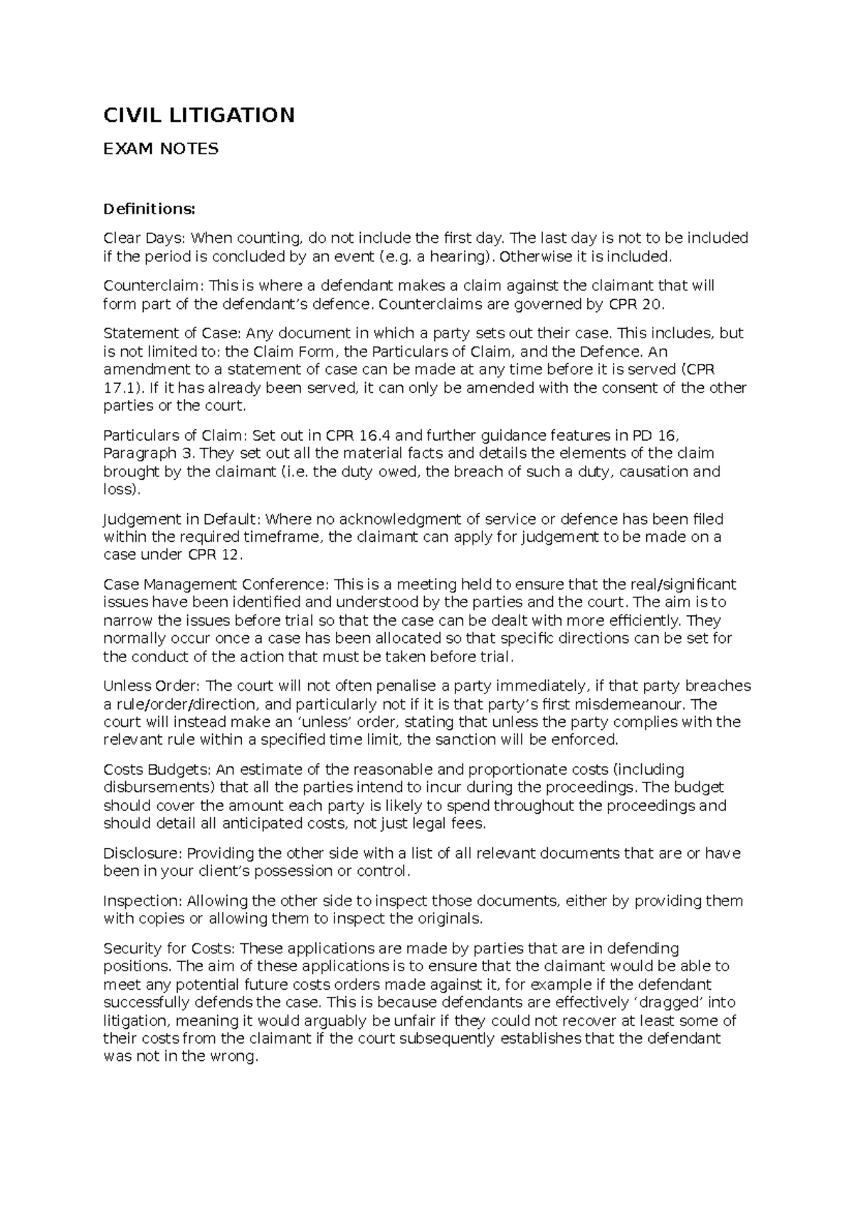 Civil Litigation - Full Exam Notes - CIVIL LITIGATION EXAM NOTES ...