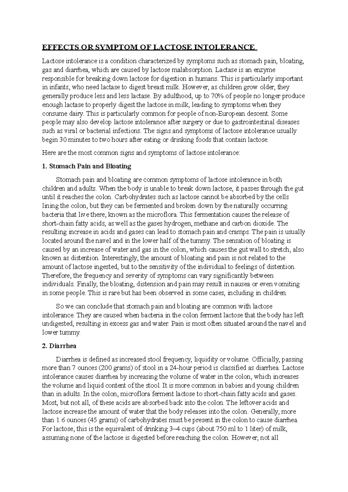 BIO CASE Study 2 - ...... - EFFECTS OR SYMPTOM OF LACTOSE INTOLERANCE ...