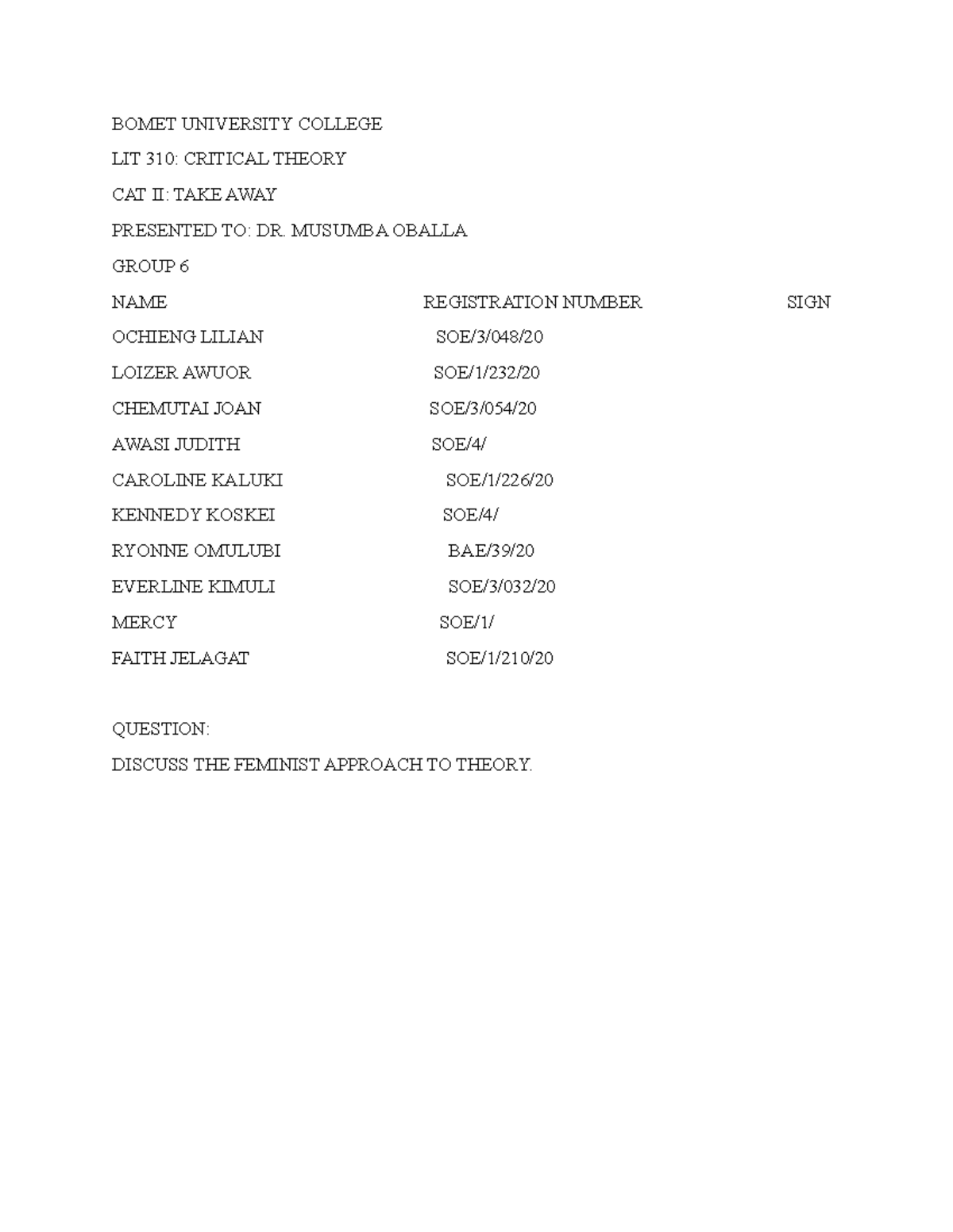 LIT 310 GRP6 - Eng - BOMET UNIVERSITY COLLEGE LIT 310: CRITICAL THEORY ...