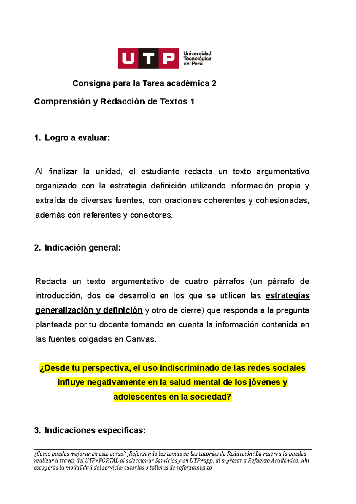 Texto Argumentativo -1 - Consigna para la Tarea académica 2 Comprensión y Redacción de Textos 1 ...