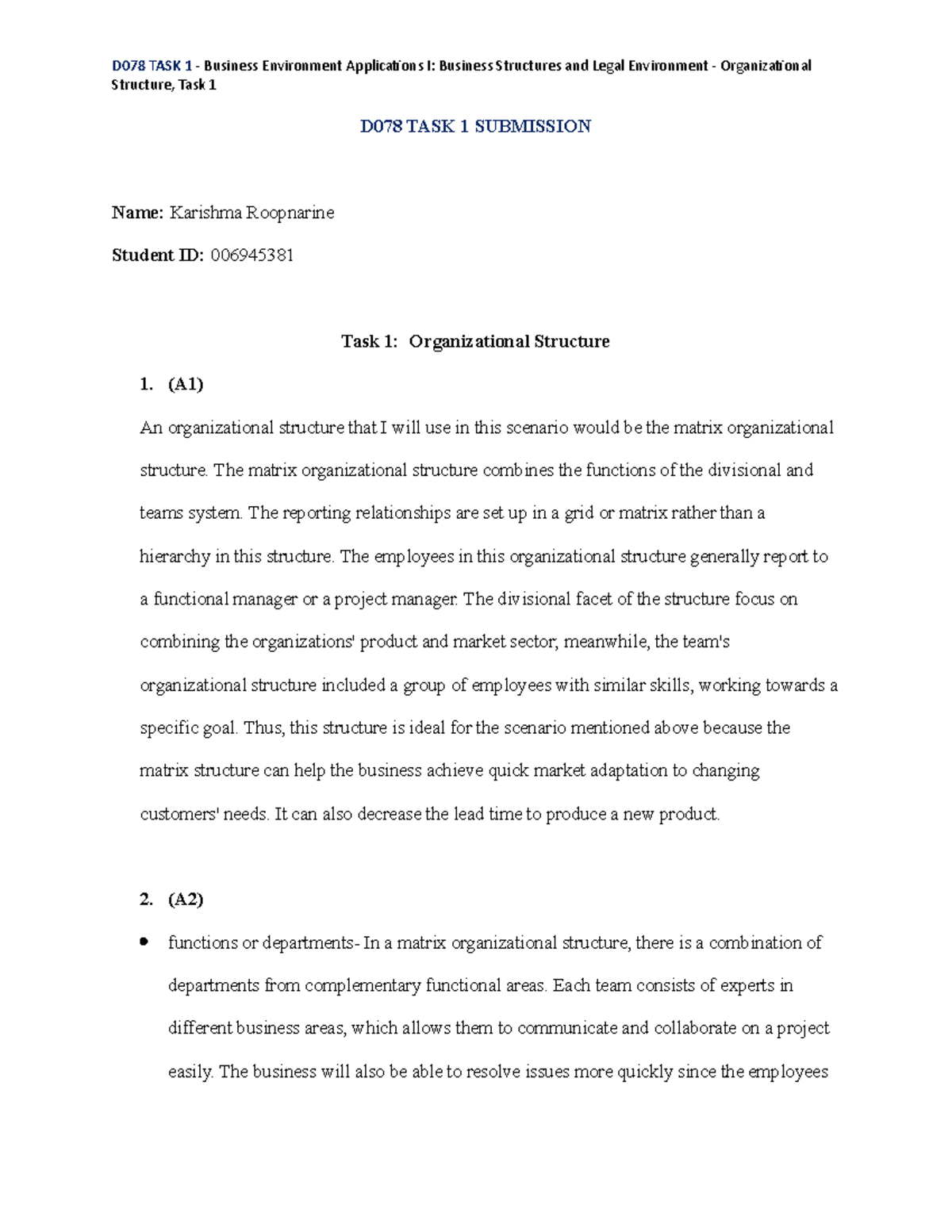 D078 Task 1 Submission - D078 TASK 1 Structure, Task 1 - Business ...