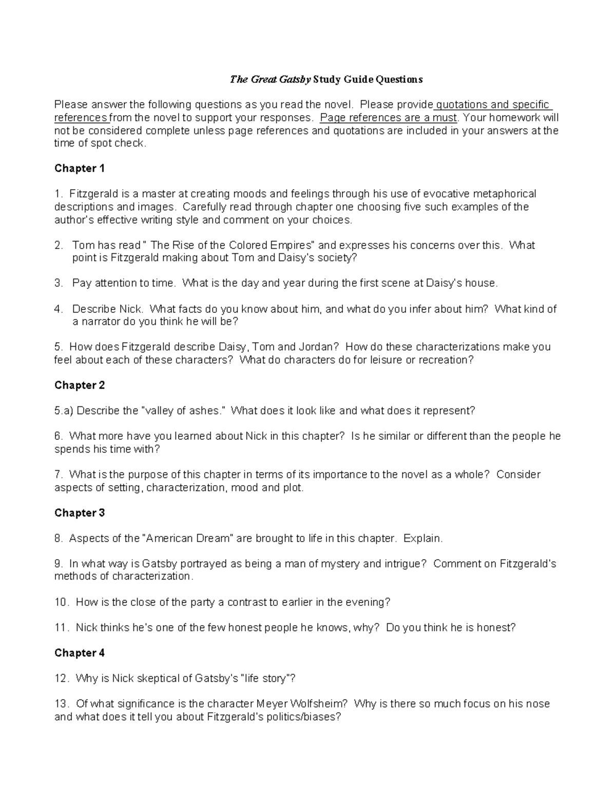 Chapter 20 Questions - The Great Gatsby Study Guide Questions Please ...