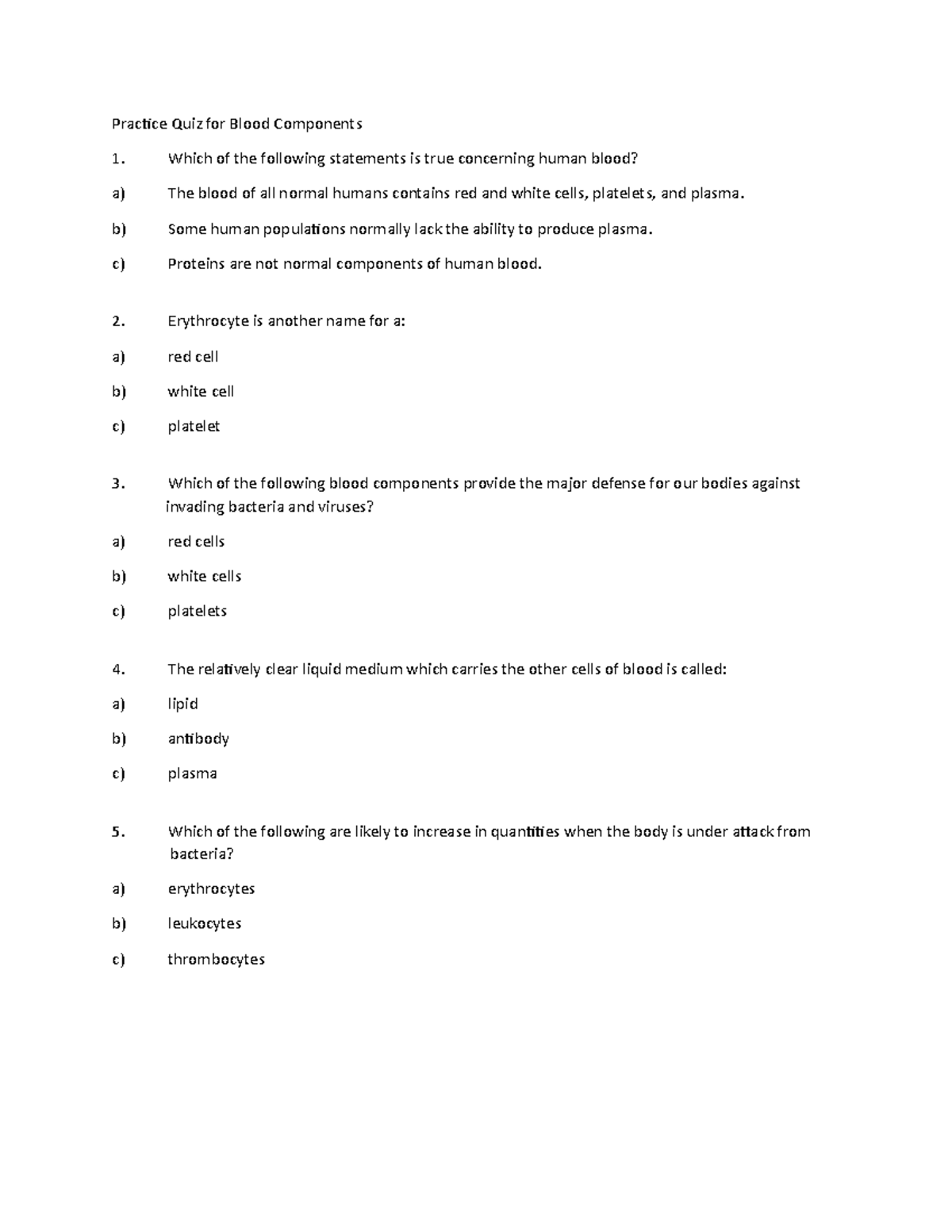 Practice Quiz for Blood Components - Practice Quiz for Blood Components ...