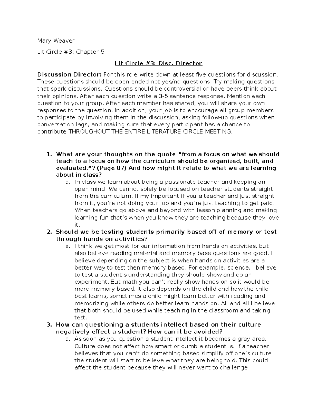 Lit circle #3 - lit group - Mary Weaver Lit Circle #3: Chapter 5 Lit ...