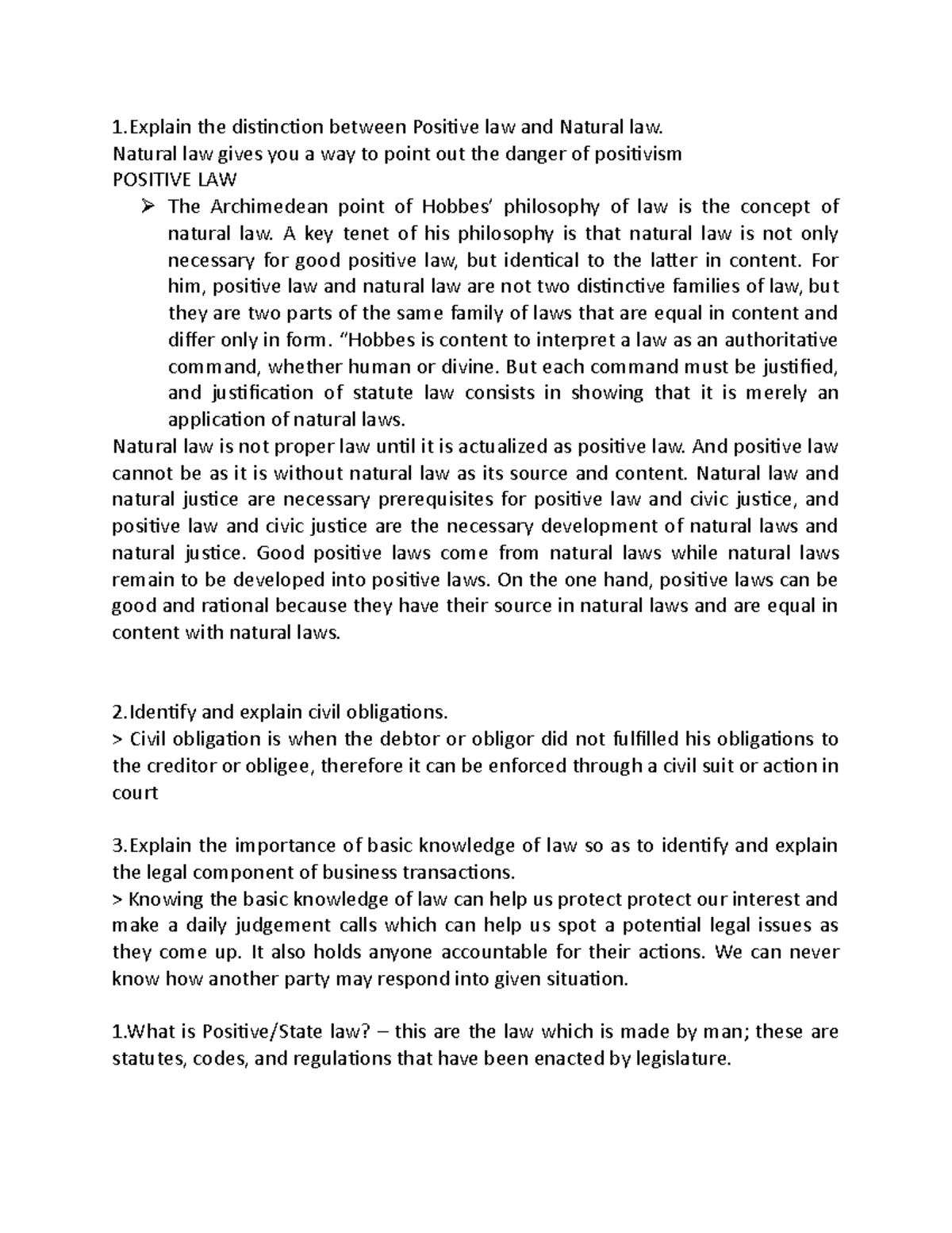 LAW 101 - reviewer - 1 the distinction between Positive law and Natural ...