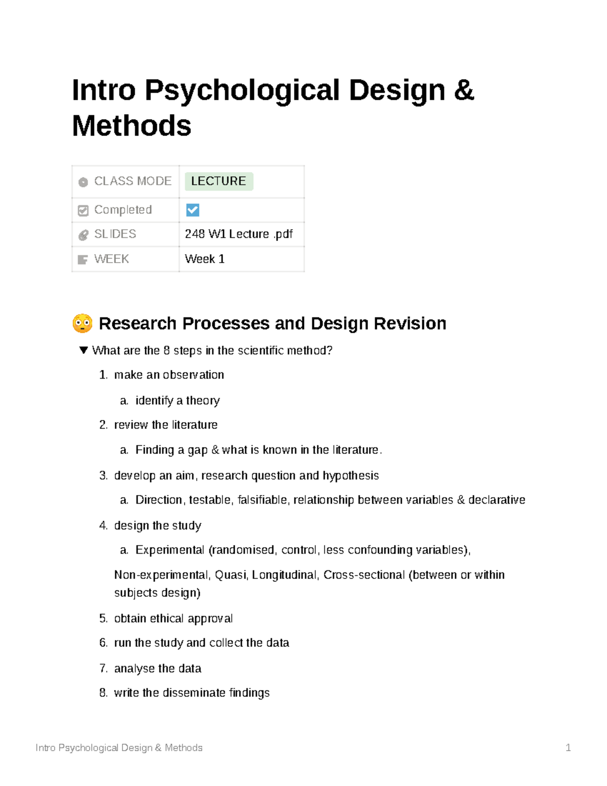 PSYU248 W1 Lecture Notes - Intro Psychological Design & Methods CLASS ...