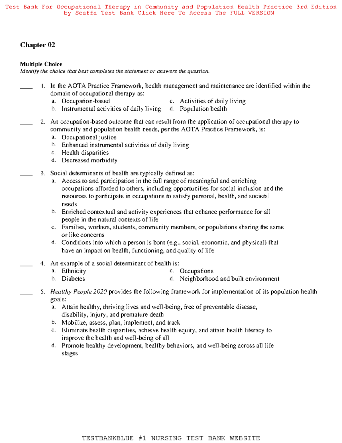 Test Bank for Occupational Therapy in Community and Population Health ...