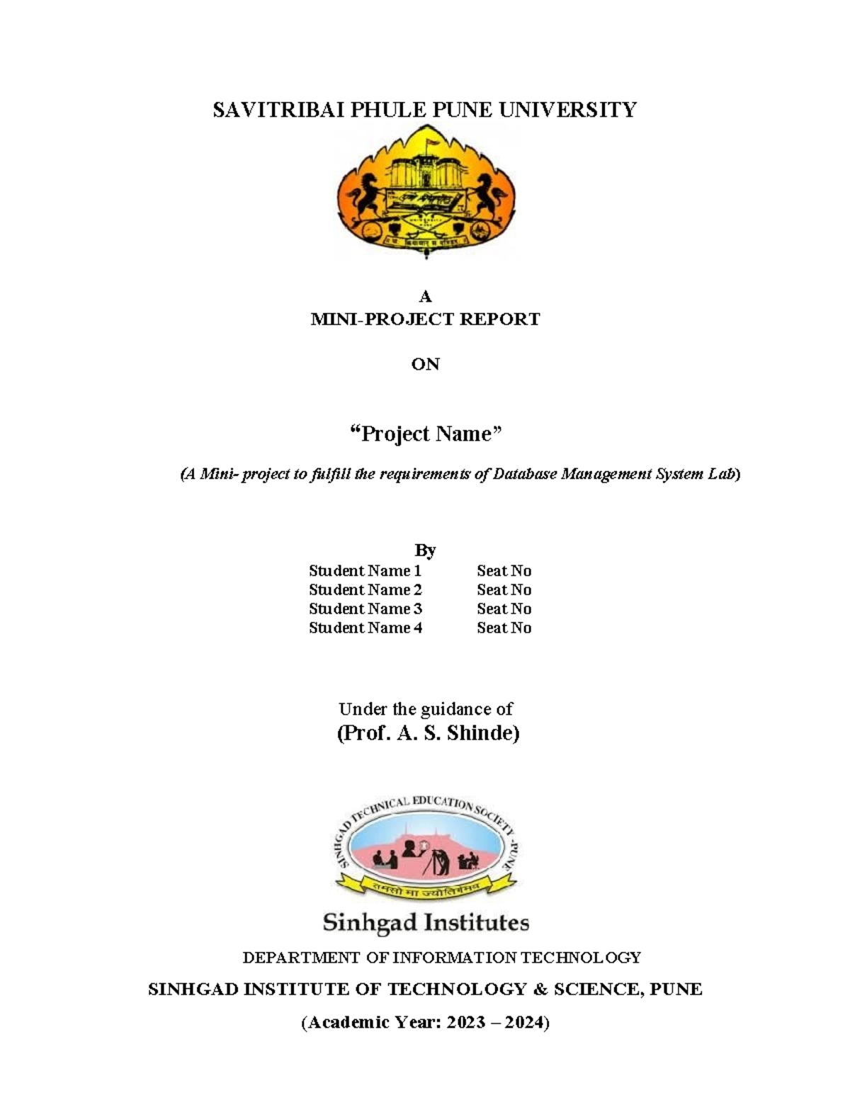 DBMS Mini Project Booklet Format - SAVITRIBAI PHULE PUNE UNIVERSITY A ...