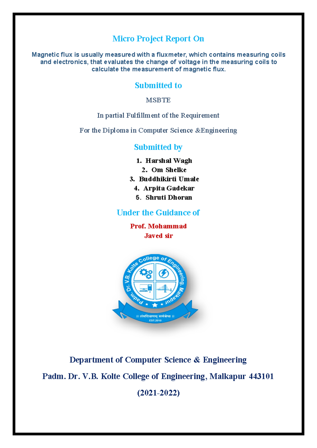 Microproject physic 2 - Micro Project Report On Magnetic flux is usually measured with a ...
