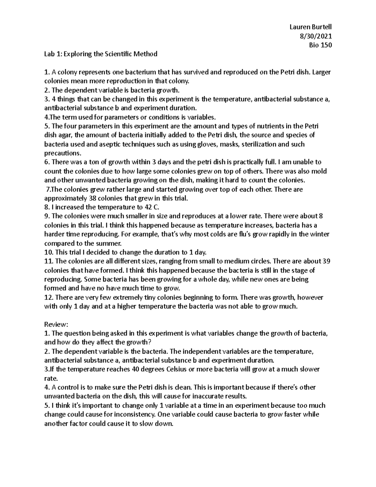Bio 150 lab 1.......... - Lauren Burtell 8/30/ Bio 150 Lab 1: Exploring ...