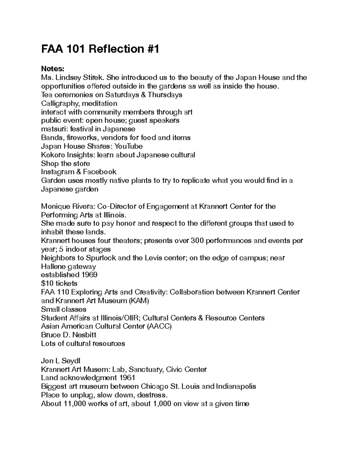 FAA 101 reflection 1 - Assignment to take notes and reflect on lectures ...