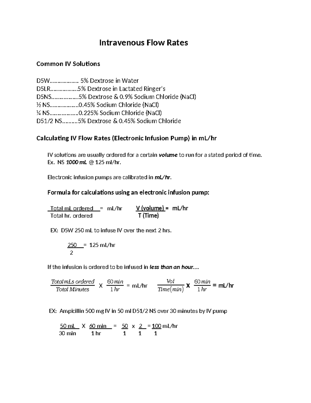 Intravenous Flow Rates - Intravenous Flow Rates Common IV Solutions D5W