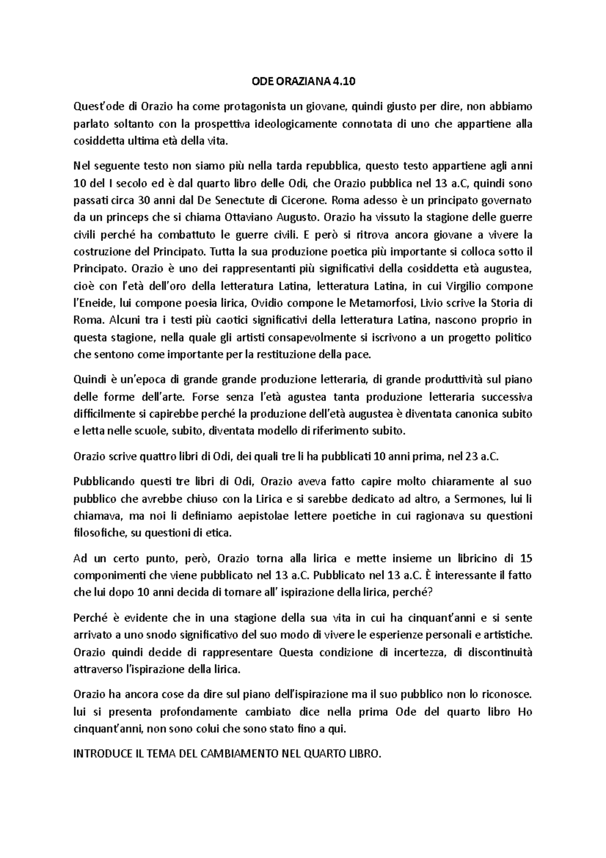 Ode 4.10 Orazio - ODE ORAZIANA 4. Quest'ode di Orazio ha come protagonista un giovane, quindi ...