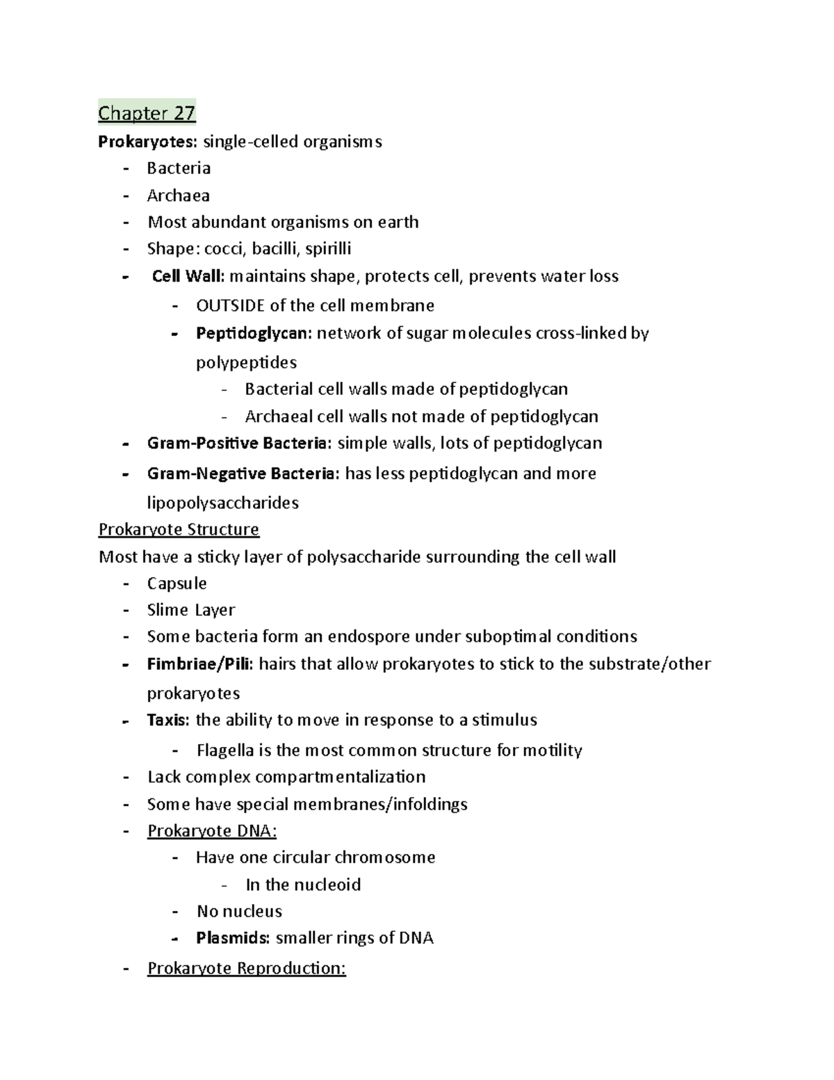 BIOL 141 - Chapter 27 Notes Part 1 - Chapter 27 Prokaryotes: single ...