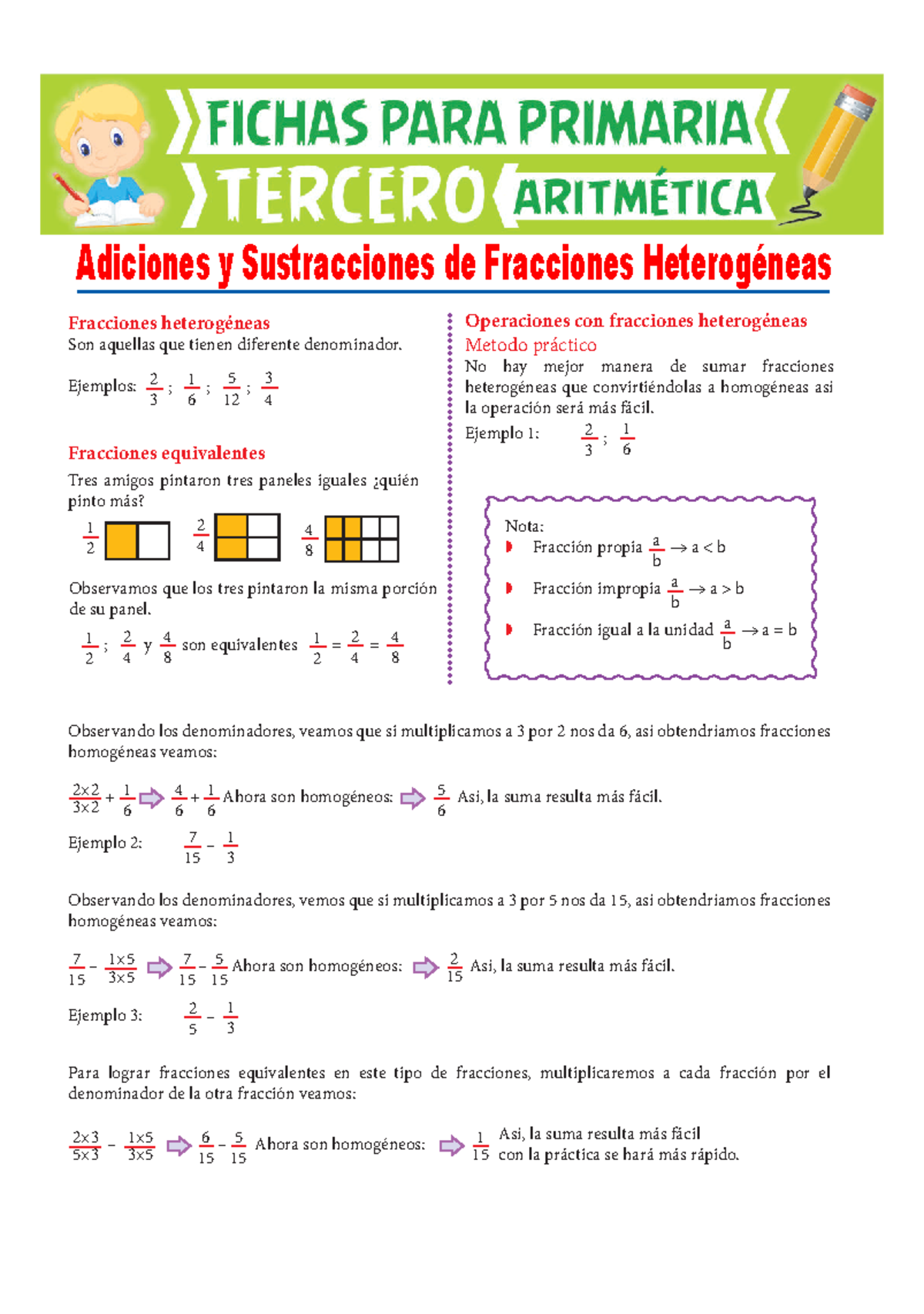 Adición y Sustracción de Fracciones Heterogéneas para Tercero de ...