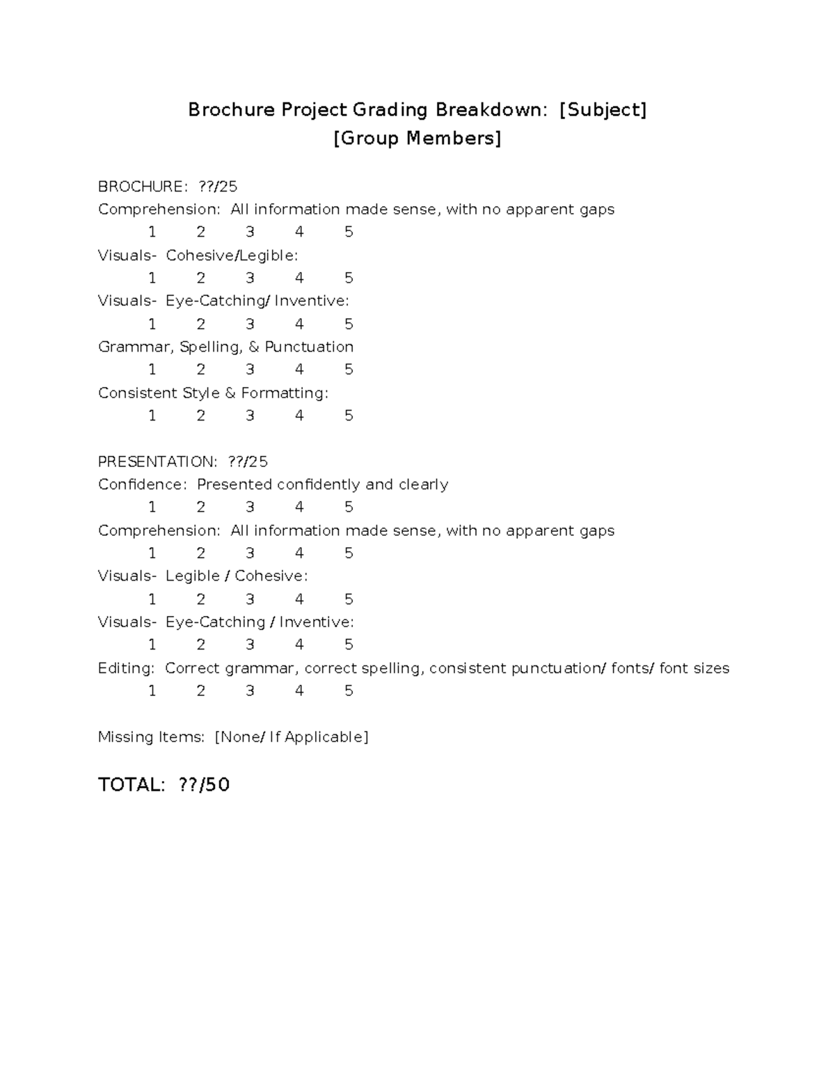 Brochure Presentation Components and Grading Template - Brochure ...