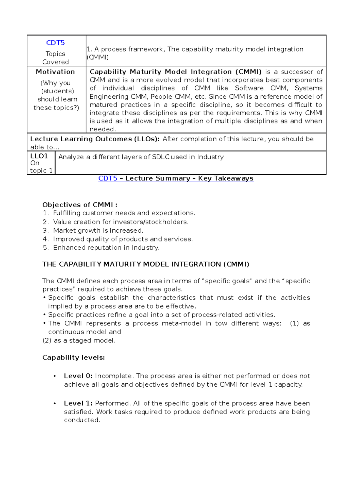 A process framework, The capability maturity model integration (CMMI ...