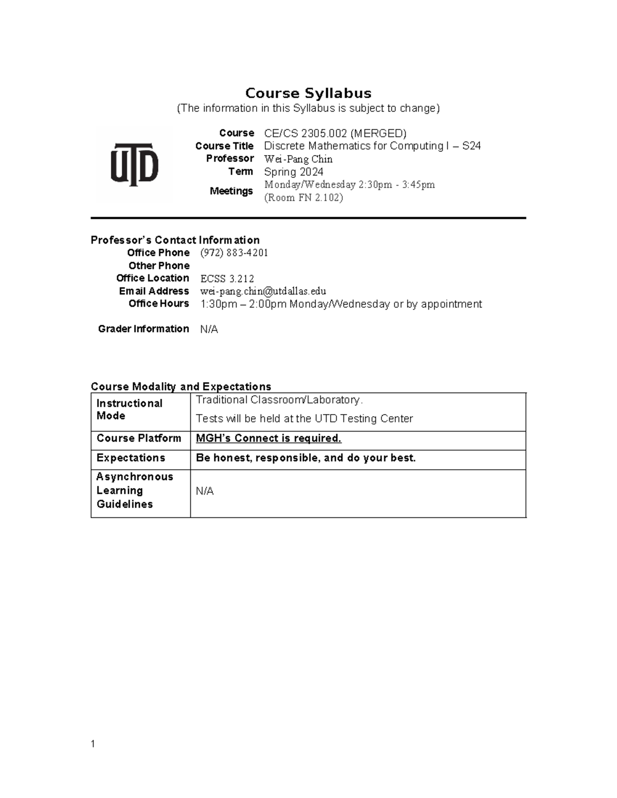 2305.002 S24 Syllabus V11 - Course Syllabus (The information in this ...