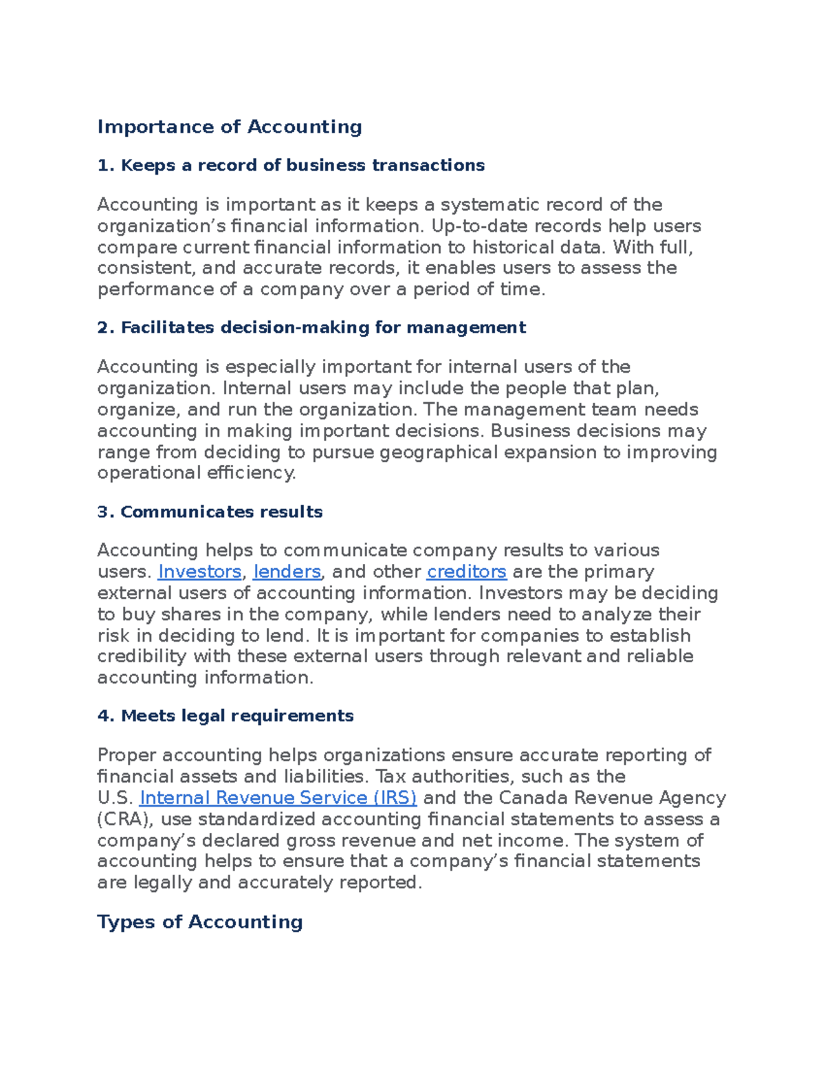 Importance of acc - note - Importance of Accounting Keeps a record of ...