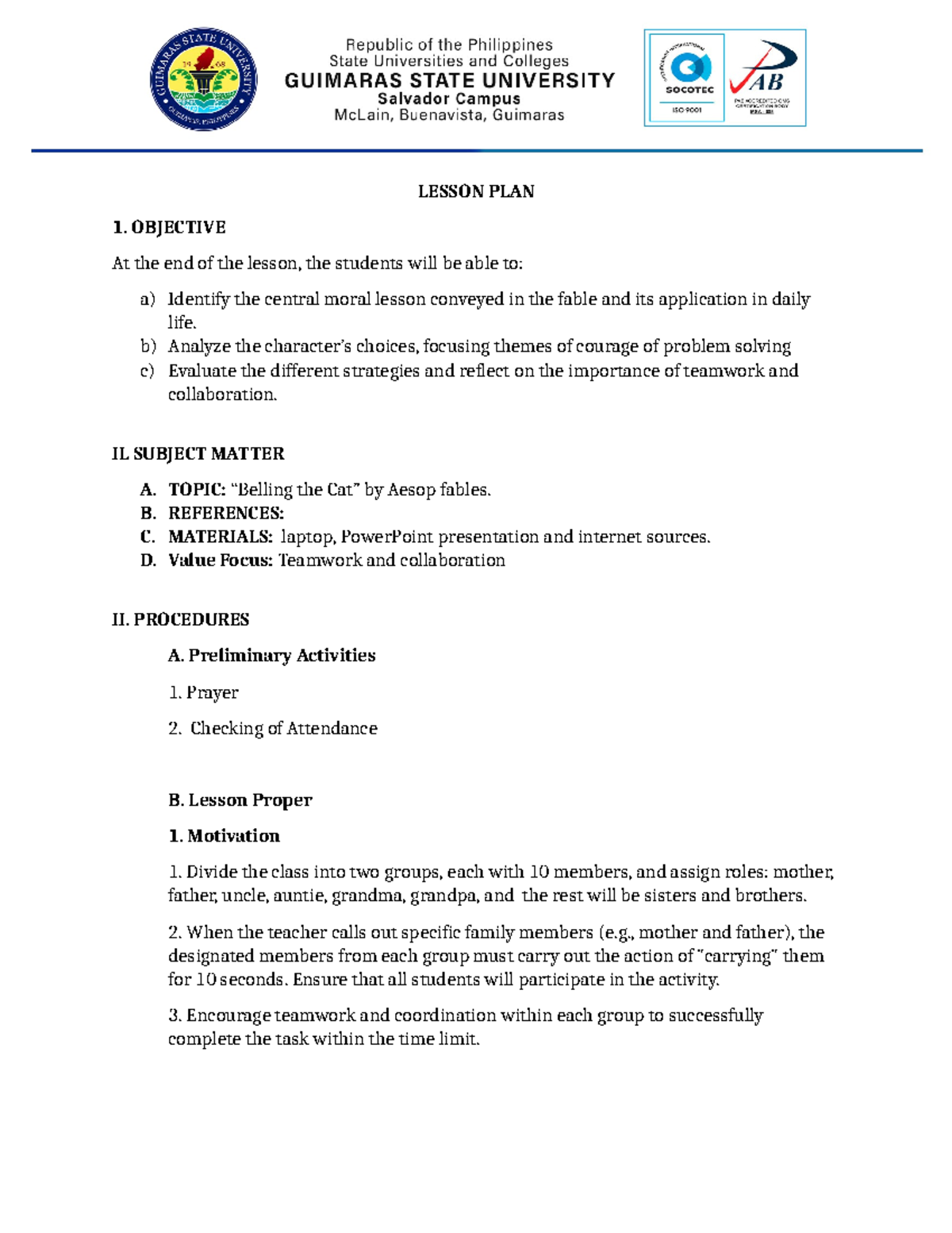 Lesson-plan-IMs - lesson plan using moral approach - LESSON PLAN 1 ...